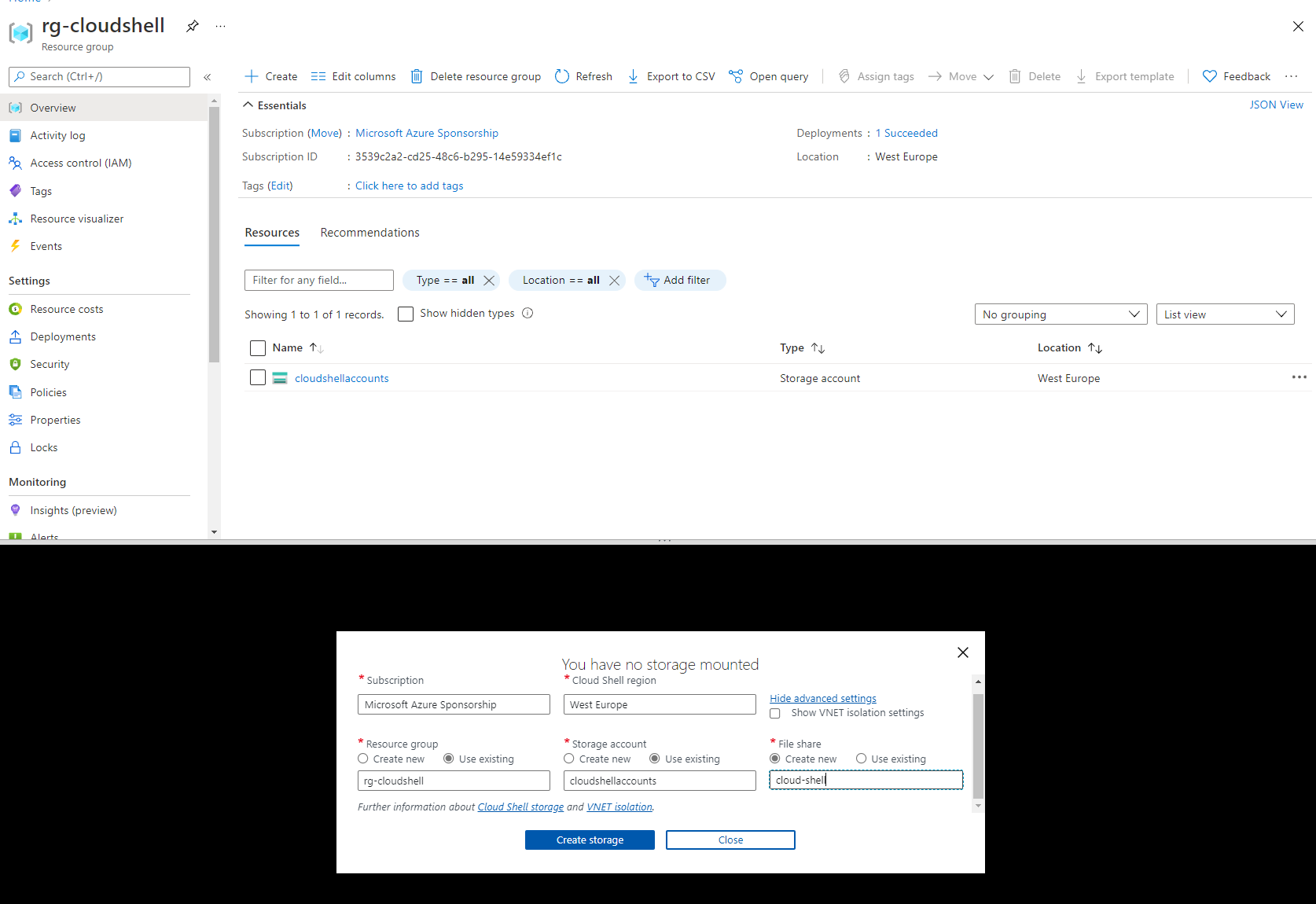 Running Azure Cloud Shell without subscription level contributor ...